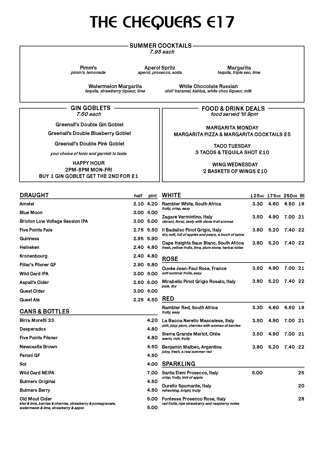 Menus | The Chequers