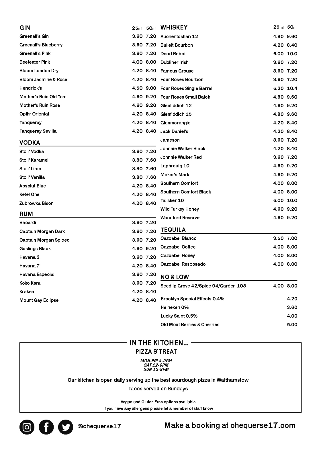 Menus | The Chequers